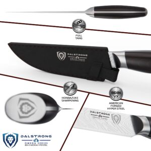 Dalstrong Steak Knife Set - 4 Piece - 5 inch Blade - Omega Series - BD1N-V Hyper Steel Kitchen Knife - G10 Woven Fiberglass Handle - Razor Sharp Knife - Leather Sheath Included