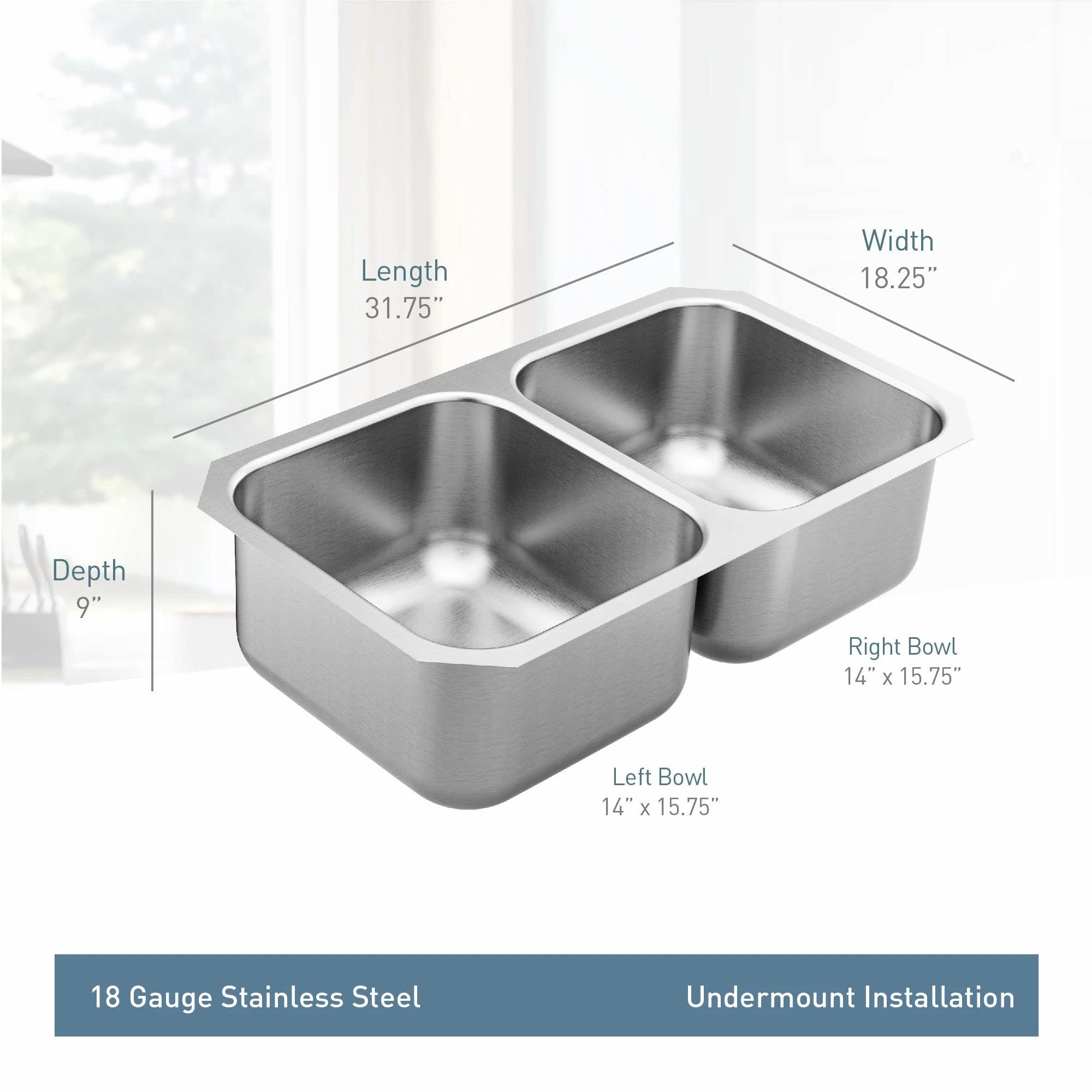 Moen GS18212 1800 Series 31.75-inch 18 Gauge Undermount Double Bowl Stainless Steel Kitchen Sink, Satin Stainless