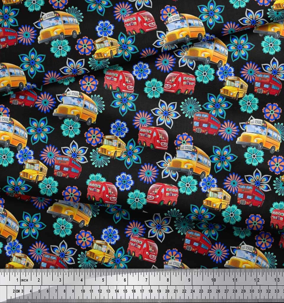 Soimoi Cotton Poplin Black Fabric - by The Yard - 42 Inch Wide - Artistic Floral & School Bus Transport Kids Fabric - Creative and Educational Patterns for Kids' Apparel Printed Fabric