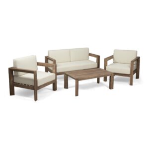 gdfstudio outdoor 4 seater acacia wood chat set, brown finish and beige