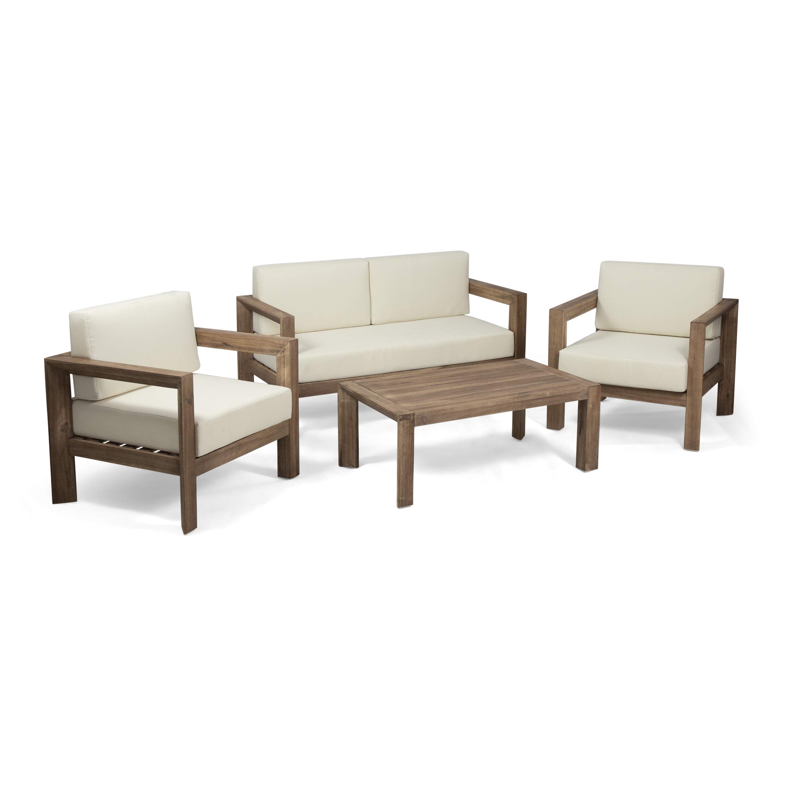 GDFStudio Outdoor 4 Seater Acacia Wood Chat Set, Brown Finish and Beige