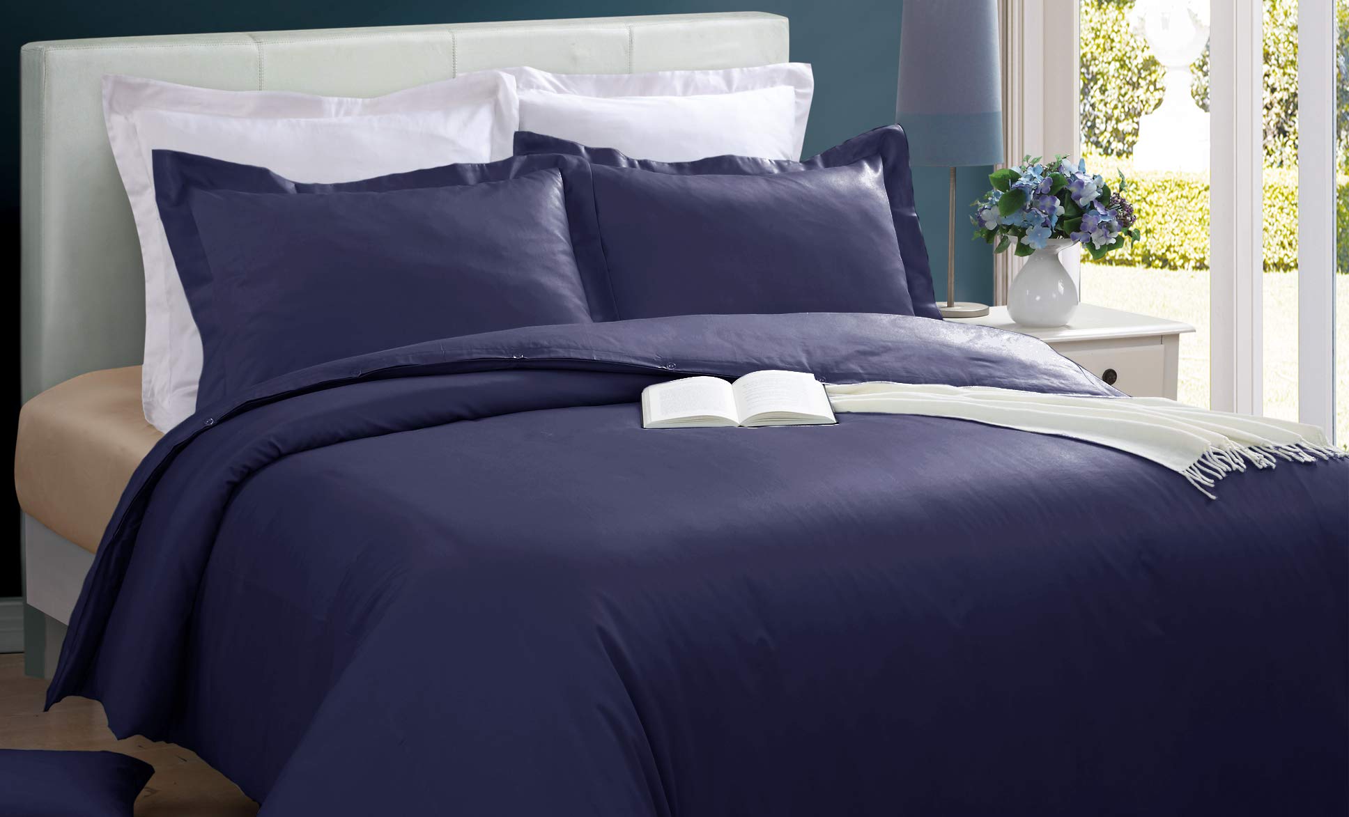 Blue Ridge Home Fashions Cotton 3 Piece Button Closure-Hypoallergenic-Machine Washable Duvet Cover Set, Full/Queen(88"x88"), Navy