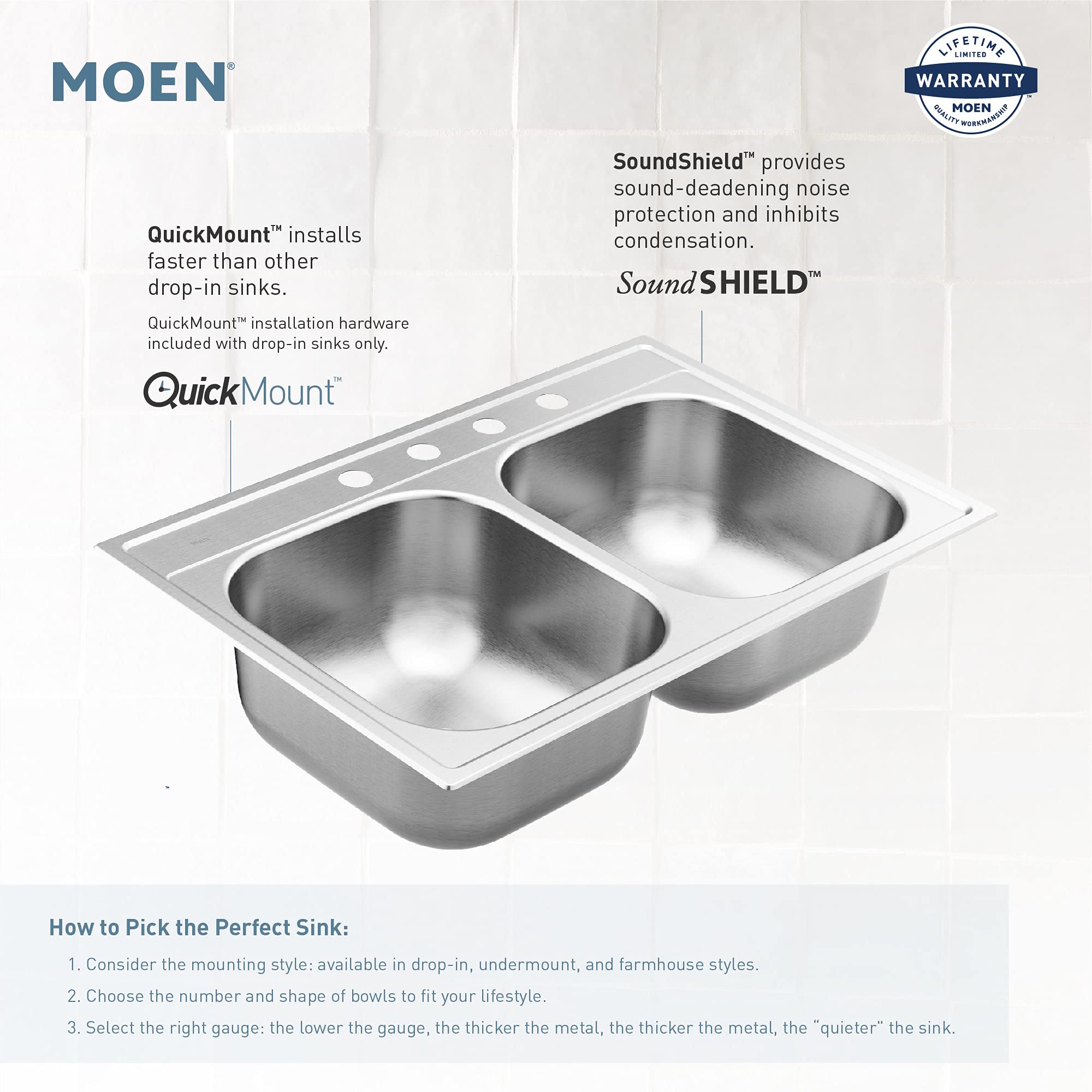 Moen GS20194B 2000 23.5-inch 20 Gauge Undermount Single Bowl Stainless Steel Kitchen or Bar Sink, Rear Drain