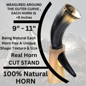 Viking Drinking Horn Mugs 10oz | Handmade Real Horn 9"-12" Cups for Ale Wine Beer Chalice Norse Tankard THOR LOTR Vikings Style Gift for Men - Birthday Christmas Anniversary (Drinking Horn)