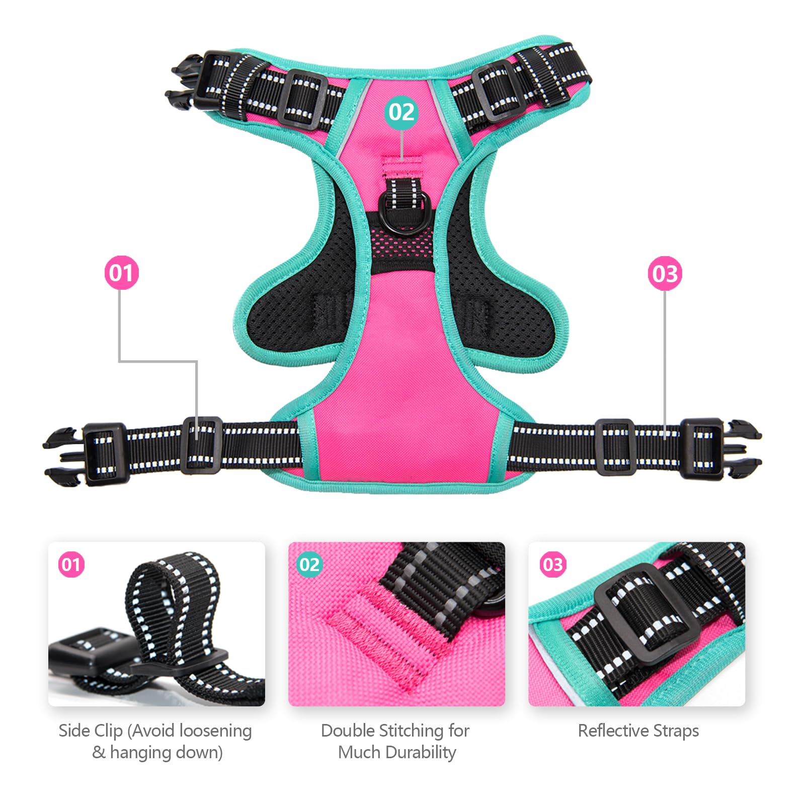 PHOEPET 2019 Upgraded No Pull Dog Harness, Reflective Adjustable Vest, with a Training Handle + 2 Metal Leash Hooks+ 3 Snap Buckles +4 Slide Buckles(L, Pink)