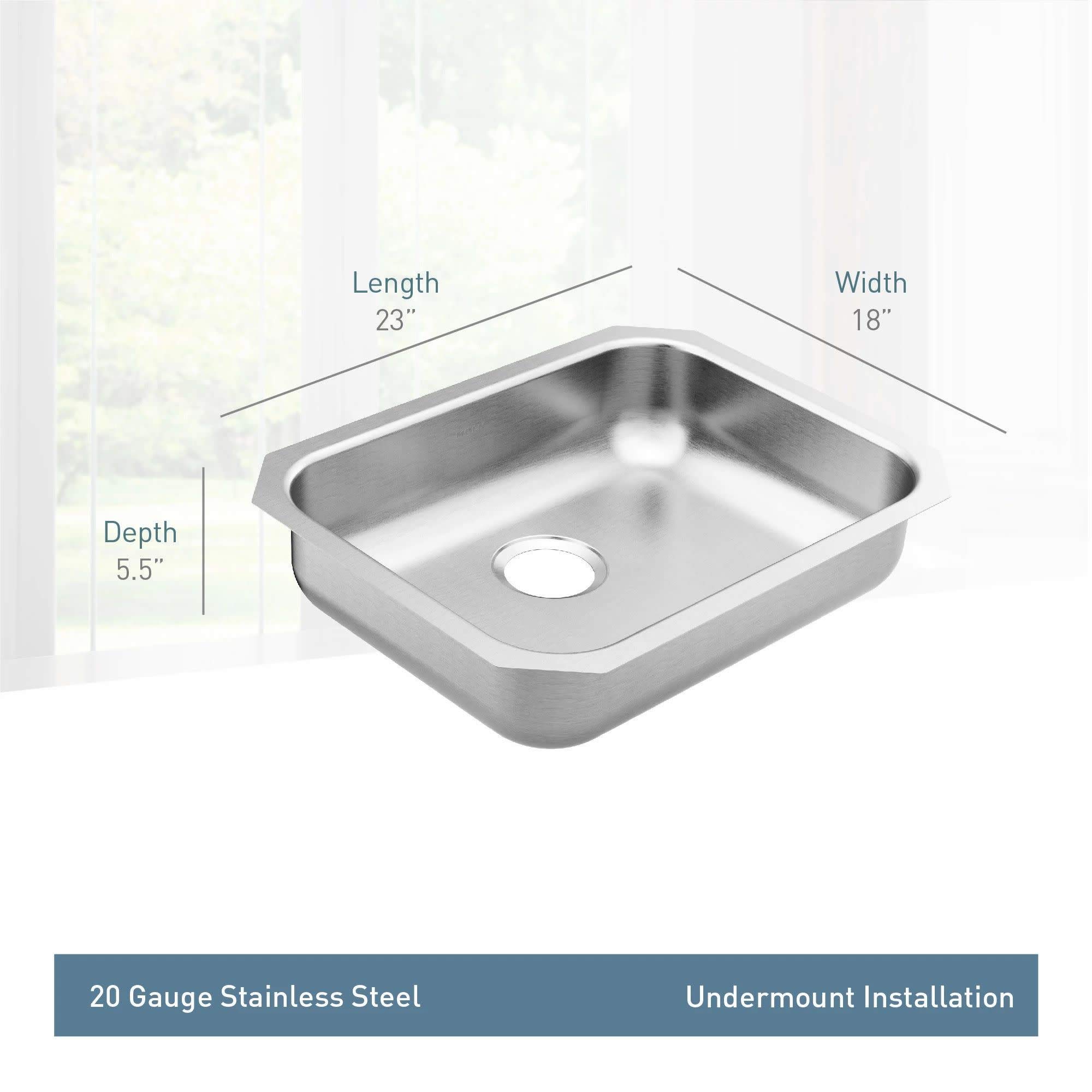 Moen GS20194B 2000 23.5-inch 20 Gauge Undermount Single Bowl Stainless Steel Kitchen or Bar Sink, Rear Drain