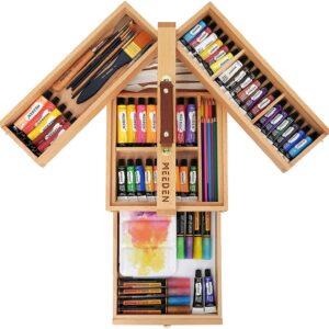 MEEDEN Artist Supply Storage Box - Portable Foldable Multi-Function Beech Wood Artist Tool & Brush Storage Box with Compartments & Drawer for Pastels, Pencils, Pens, Markers, Brushes