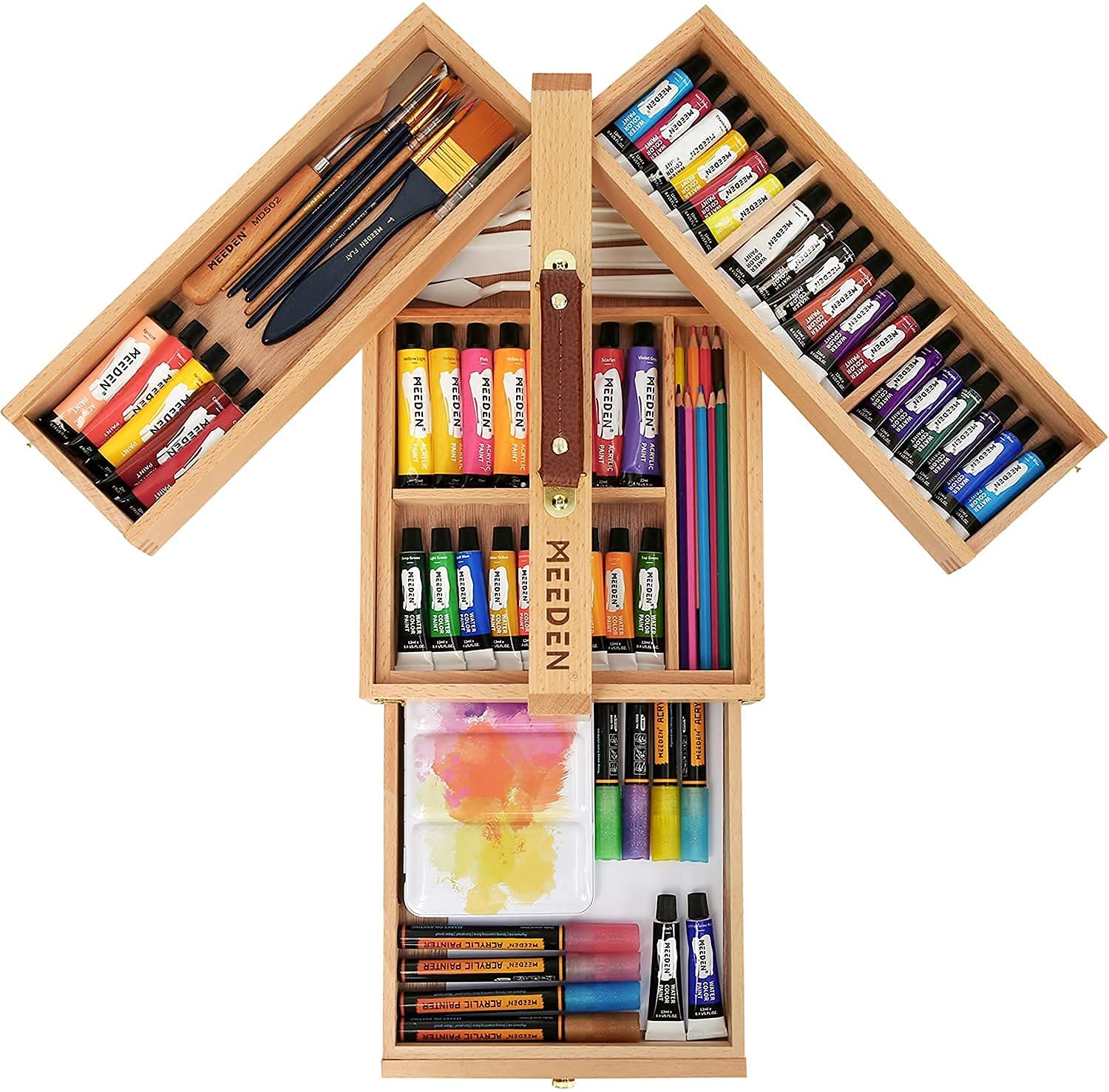 MEEDEN Artist Supply Storage Box - Portable Foldable Multi-Function Beech Wood Artist Tool & Brush Storage Box with Compartments & Drawer for Pastels, Pencils, Pens, Markers, Brushes