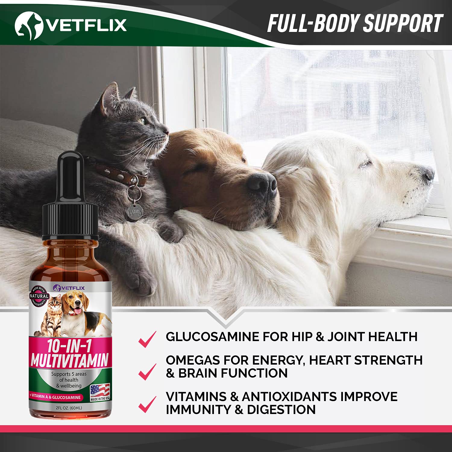 Vetflix Pet Vitamins 10-in-1 Made in USA - Natural Glucosamine for Dogs & Cats, Essential Multivitamin Blend for Pet Joint Health, Longevity, Gut & Immune Health - All Ages, Breeds and Sizes 2 fl oz