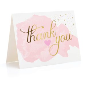 thank you cards with envelopes (set of 48) | great for baby shower, bridal shower, wedding, parties & more | thank you notes gold foil stamped premium cardstock with pink blush watercolor design