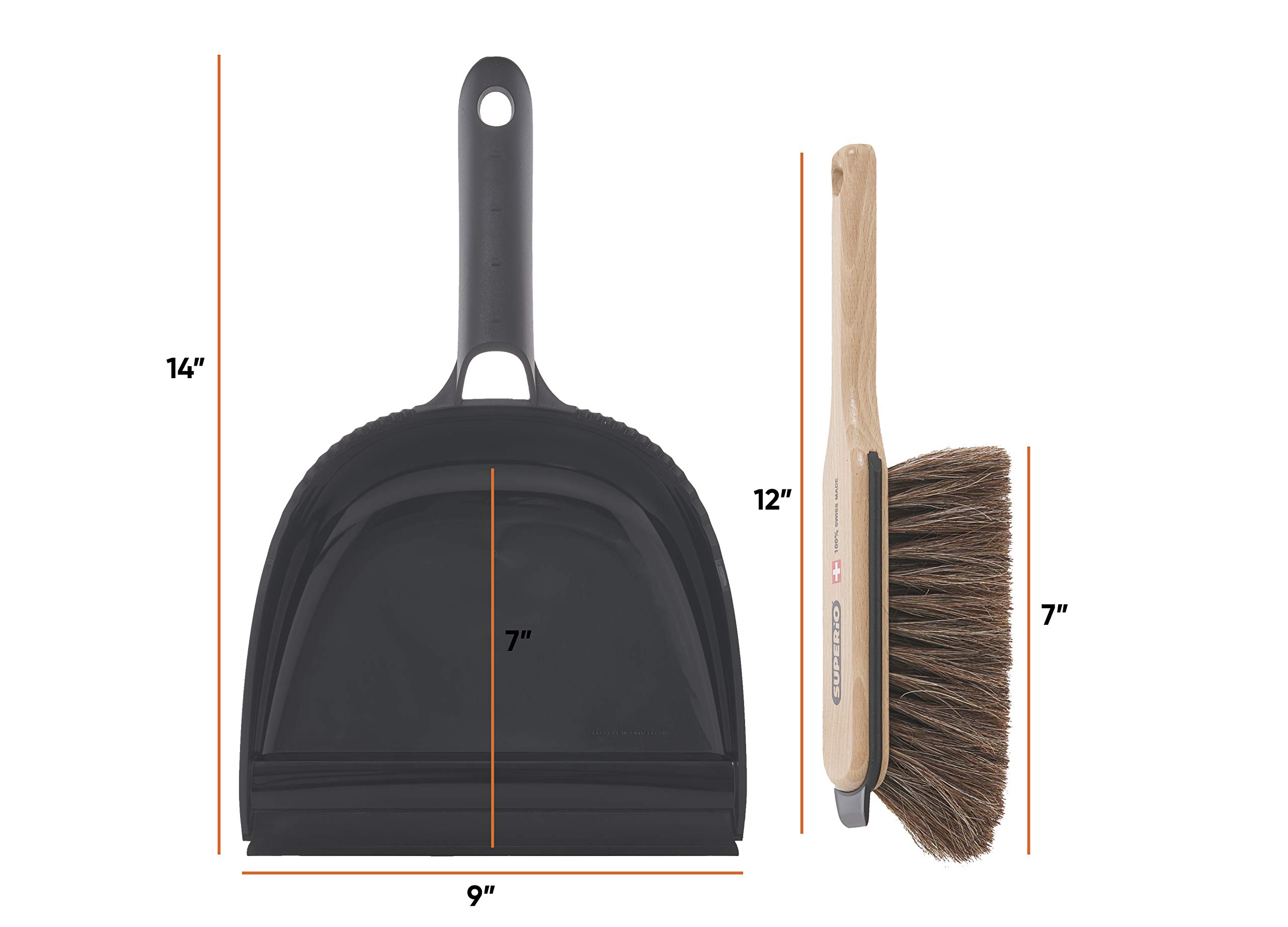 Superio Handheld Comfort Grip Dustpan and Brush Set - Hand Broom with Swiss Natural Horsehair Bristles.