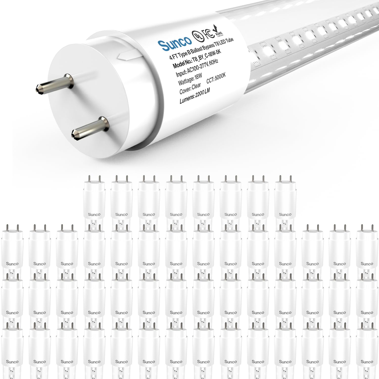 Sunco 50 Pack T8 LED Tubes 4FT Fluorescent Replacement, 48 Inch, 18W, 2200LM, 5000K Daylight, Single Ended Power, Clear Lens UL