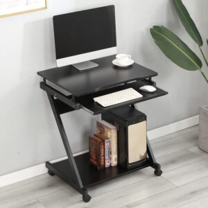 sogesfurniture Small Computer Desk on Wheels, Mobile Computer Desk Small Rolling Work Workstation with Printer Shelf and Keyboard Space Computer Workstation for Home and Office,Black