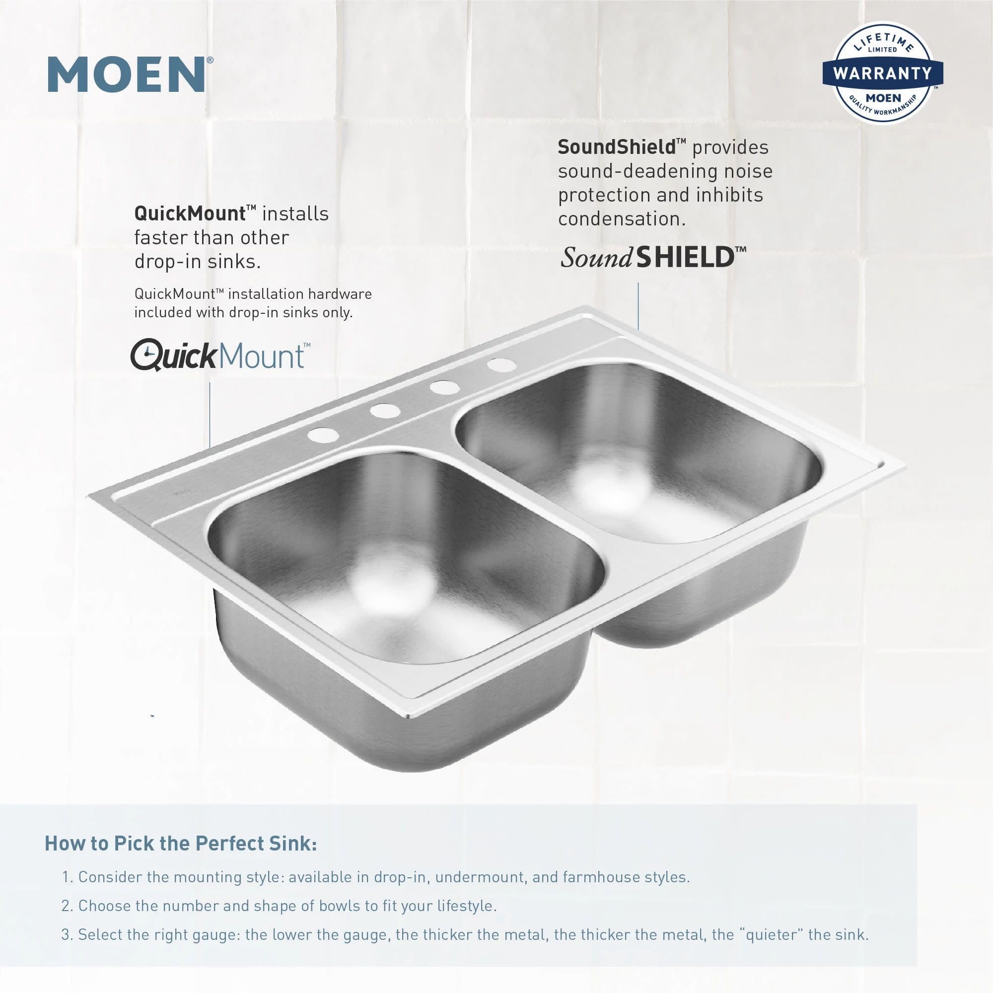 Moen GS181631BQ 1800 Series 33-inch 18 Gauge Drop-in Single Bowl Stainless Steel Kitchen Sink 7-inch Depth Featuring QuickMount, Satin Stainless