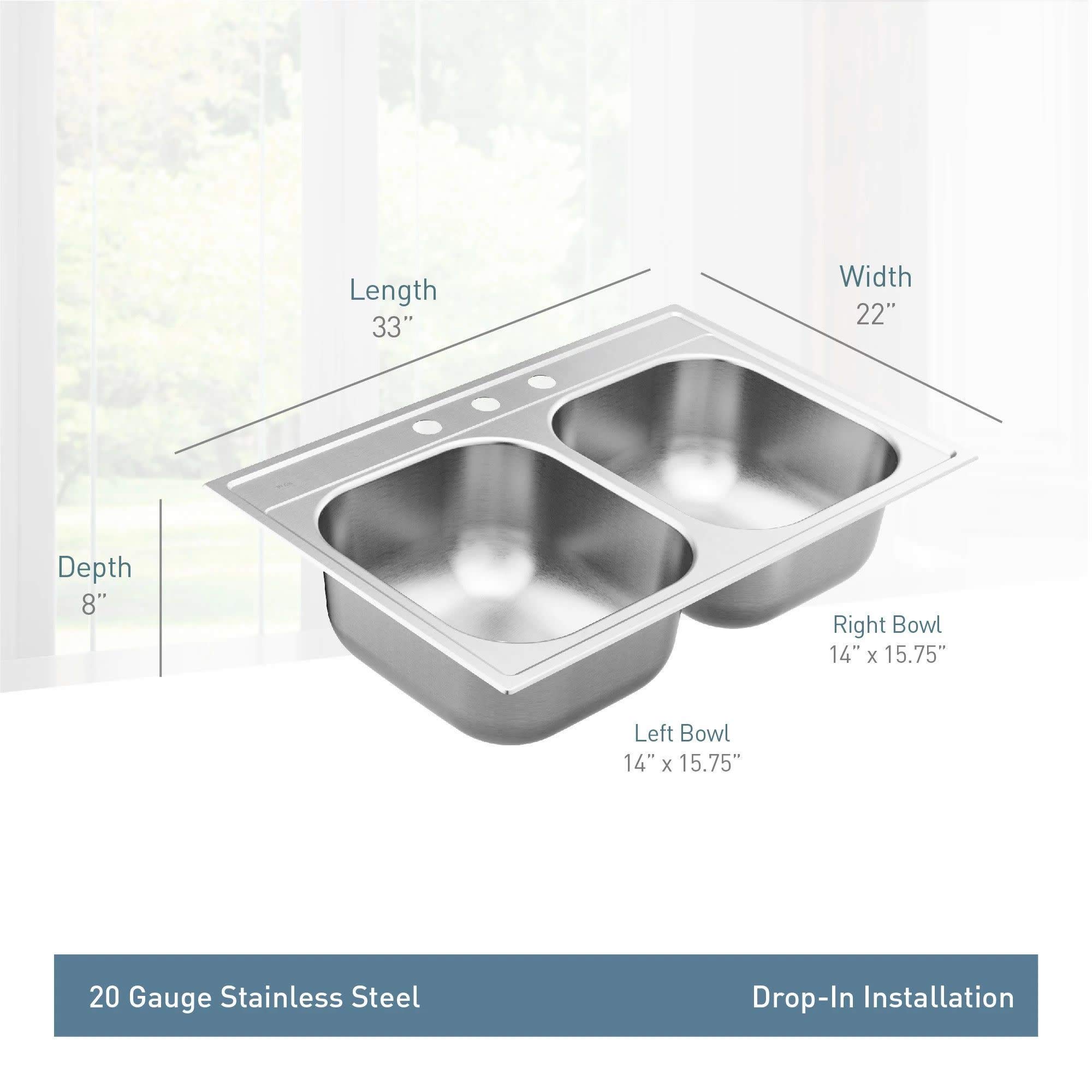 Moen GS202133Q 2000 Series 33-inch 20 Gauge Drop-in Double Bowl Stainless Steel Kitchen Sink, Featuring QuickMount