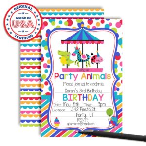 Party Animals Carousel Merry Go Round Themed Birthday Party Invitations, 20 5x7 Fill In Cards with Twenty White Envelopes by AmandaCreation