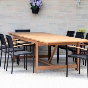 Amazonia Trentino 9 Piece Extendable Patio Dining Set Table and Sling Black Chairs| Durable, Quick Dry Ideal for Outdoors, Light Brown-Teak Finish