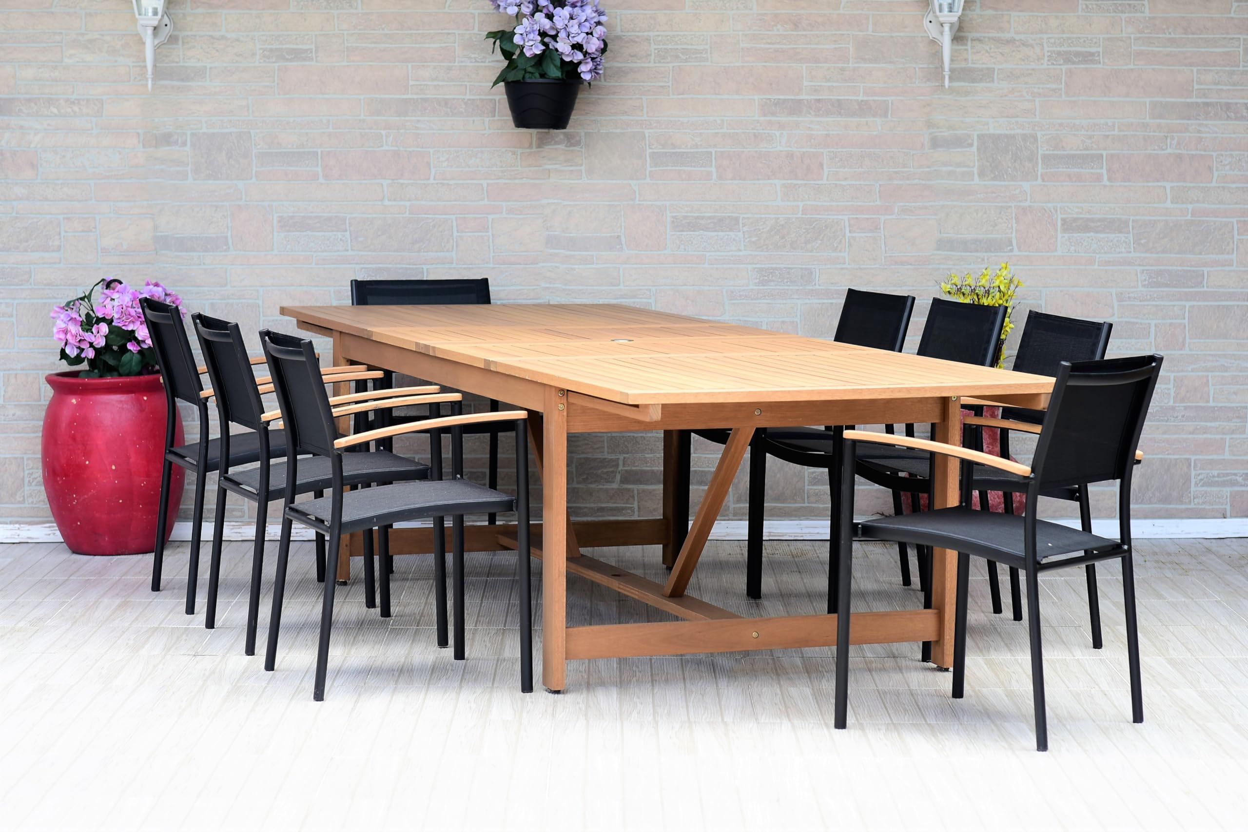 Amazonia Trentino 9 Piece Extendable Patio Dining Set Table and Sling Black Chairs| Durable, Quick Dry Ideal for Outdoors, Light Brown-Teak Finish