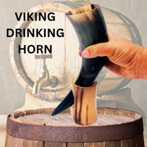 Viking Drinking Horn Mugs 10oz | Handmade Real Horn 9"-12" Cups for Ale Wine Beer Chalice Norse Tankard THOR LOTR Vikings Style Gift for Men - Birthday Christmas Anniversary (Drinking Horn)