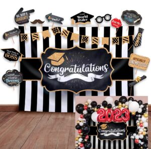 2024 graduation party backdrop - classy black, white and gold theme photography fabric backdrop and studio props diy kit. great as photo booth background party supplies and prom banner decorations