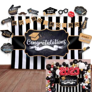 2024 Graduation Party Backdrop - Classy Black, White and Gold Theme Photography Fabric Backdrop and Studio Props DIY Kit. Great as Photo Booth Background Party Supplies and Prom Banner Decorations