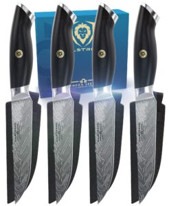 dalstrong steak knife set - 4 piece - 5 inch blade - omega series - bd1n-v hyper steel kitchen knife - g10 woven fiberglass handle - razor sharp knife - leather sheath included