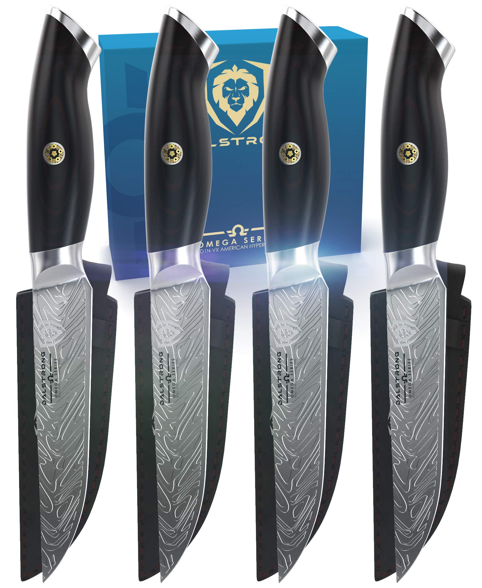 Dalstrong Steak Knife Set - 4 Piece - 5 inch Blade - Omega Series - BD1N-V Hyper Steel Kitchen Knife - G10 Woven Fiberglass Handle - Razor Sharp Knife - Leather Sheath Included