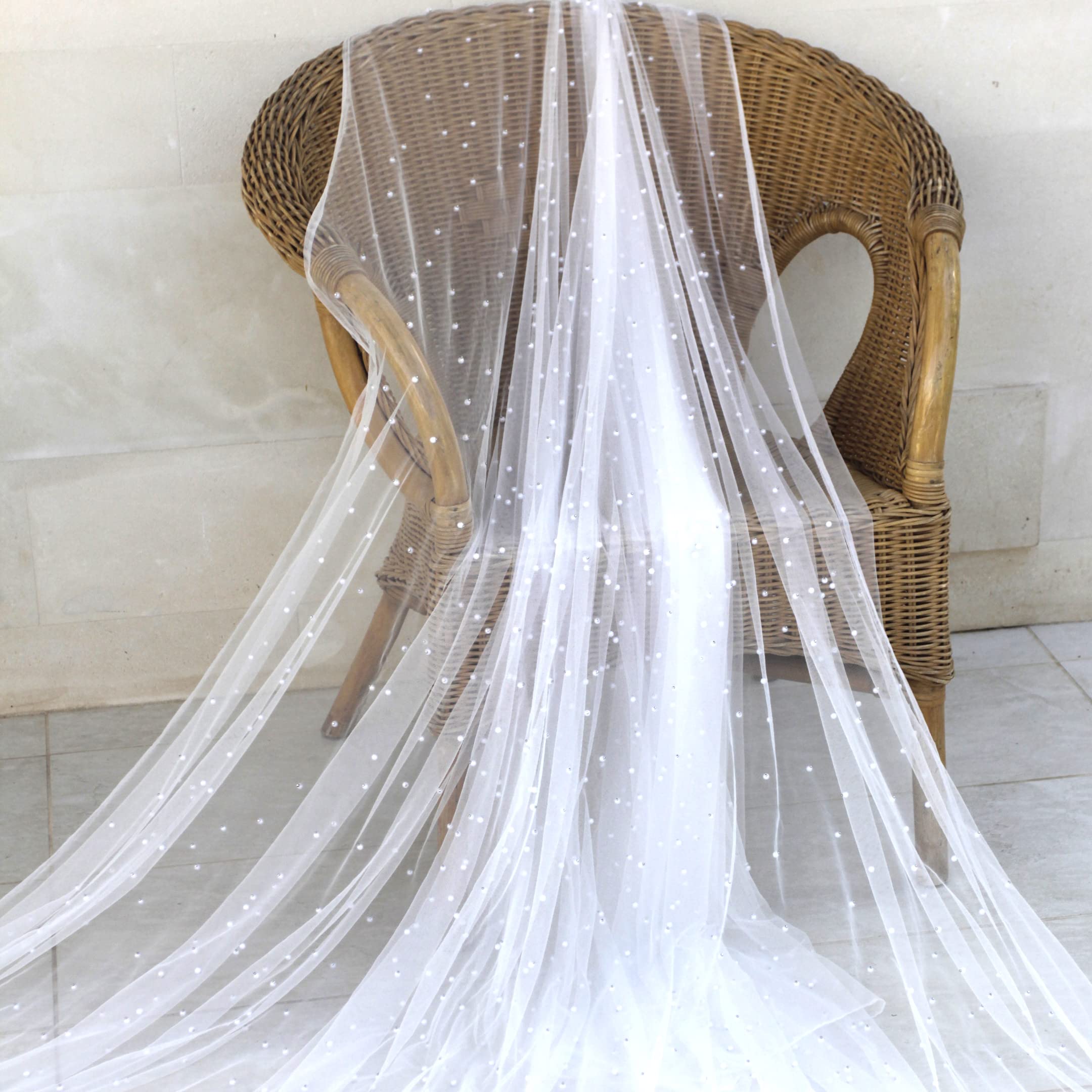 Labellezalady Quality Bride viel Pearls Tulle 180"x63" for Dresses Off White(Light Ivory) Tull Fabric