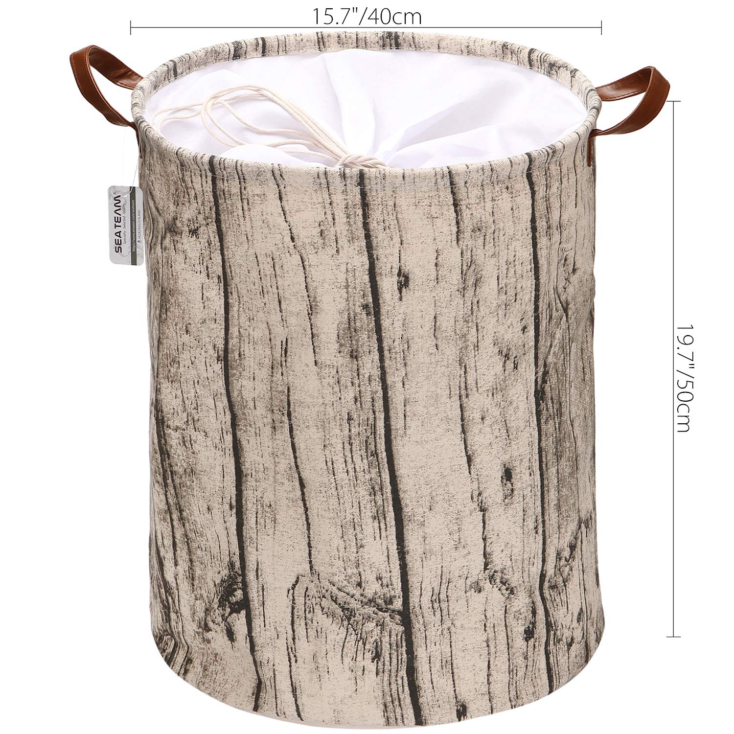 Sea Team Large Size Tree Stump Design Canvas Fabric Laundry Hamper Collapsible Storage Basket with PU Leather Handles and Drawstring Cover for Kid’s Room, 19.7 by 15.7 inches, Waterproof Inner