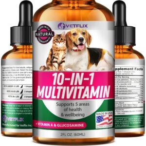 vetflix pet vitamins 10-in-1 made in usa - natural glucosamine for dogs & cats, essential multivitamin blend for pet joint health, longevity, gut & immune health - all ages, breeds and sizes 2 fl oz