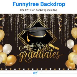 Funnytree 82" x 59" 2024 Class Graduation Photography Backdrop Black and Gold Bachelor Cap Balloon Grad Congrats Party Banner Background for Picture Photo Photobooth Decoration