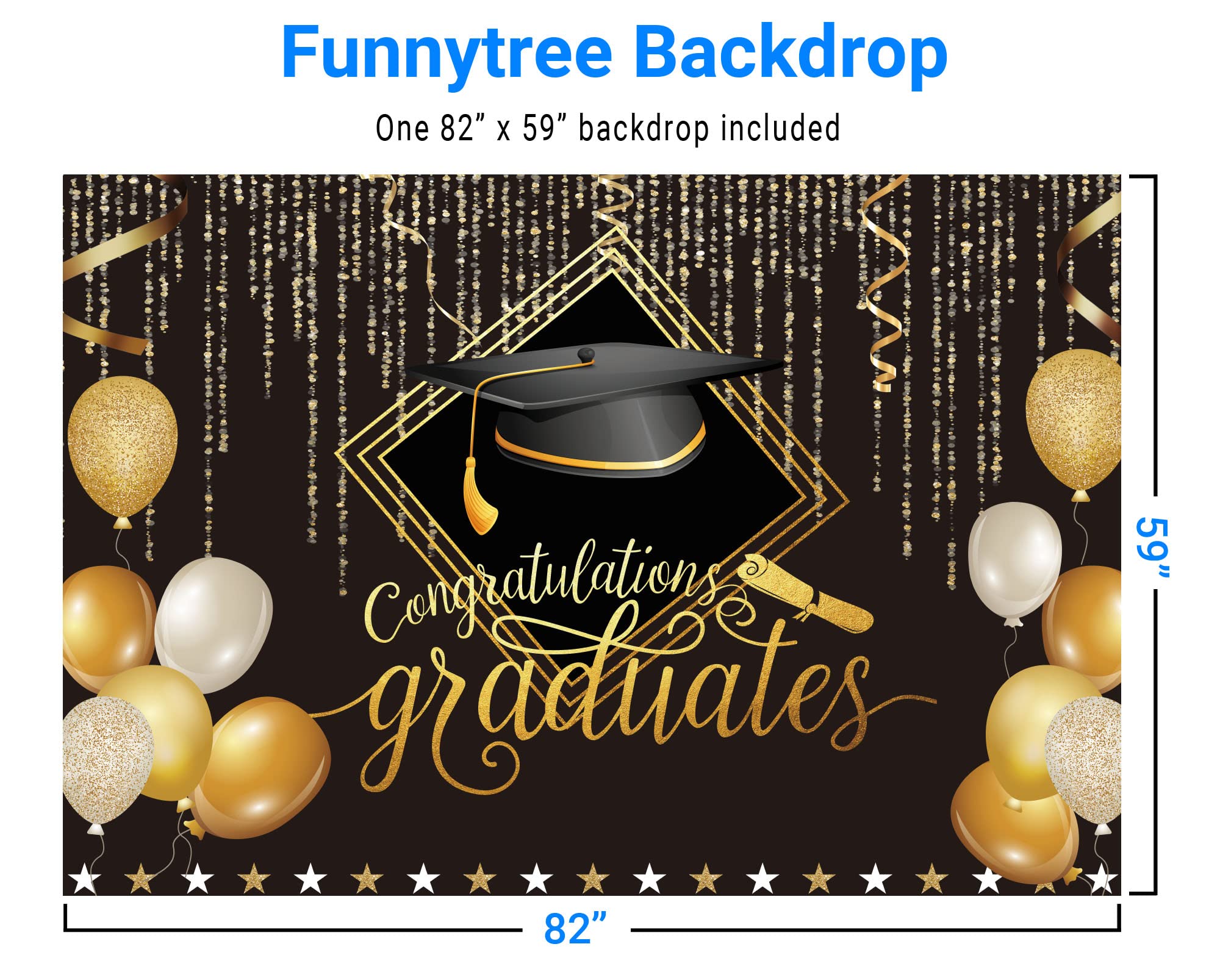 Funnytree 82" x 59" 2024 Class Graduation Photography Backdrop Black and Gold Bachelor Cap Balloon Grad Congrats Party Banner Background for Picture Photo Photobooth Decoration