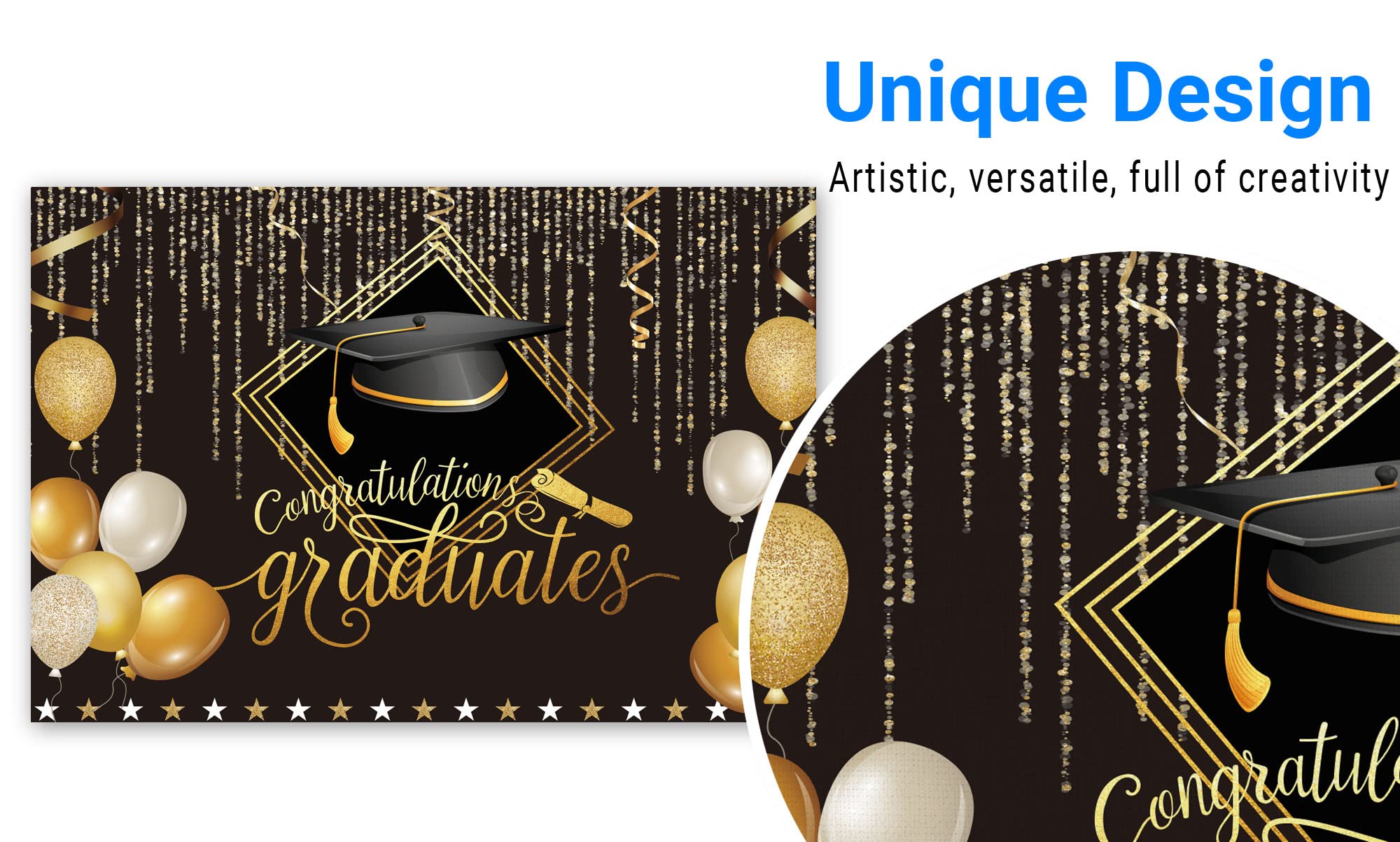 Funnytree 82" x 59" 2024 Class Graduation Photography Backdrop Black and Gold Bachelor Cap Balloon Grad Congrats Party Banner Background for Picture Photo Photobooth Decoration