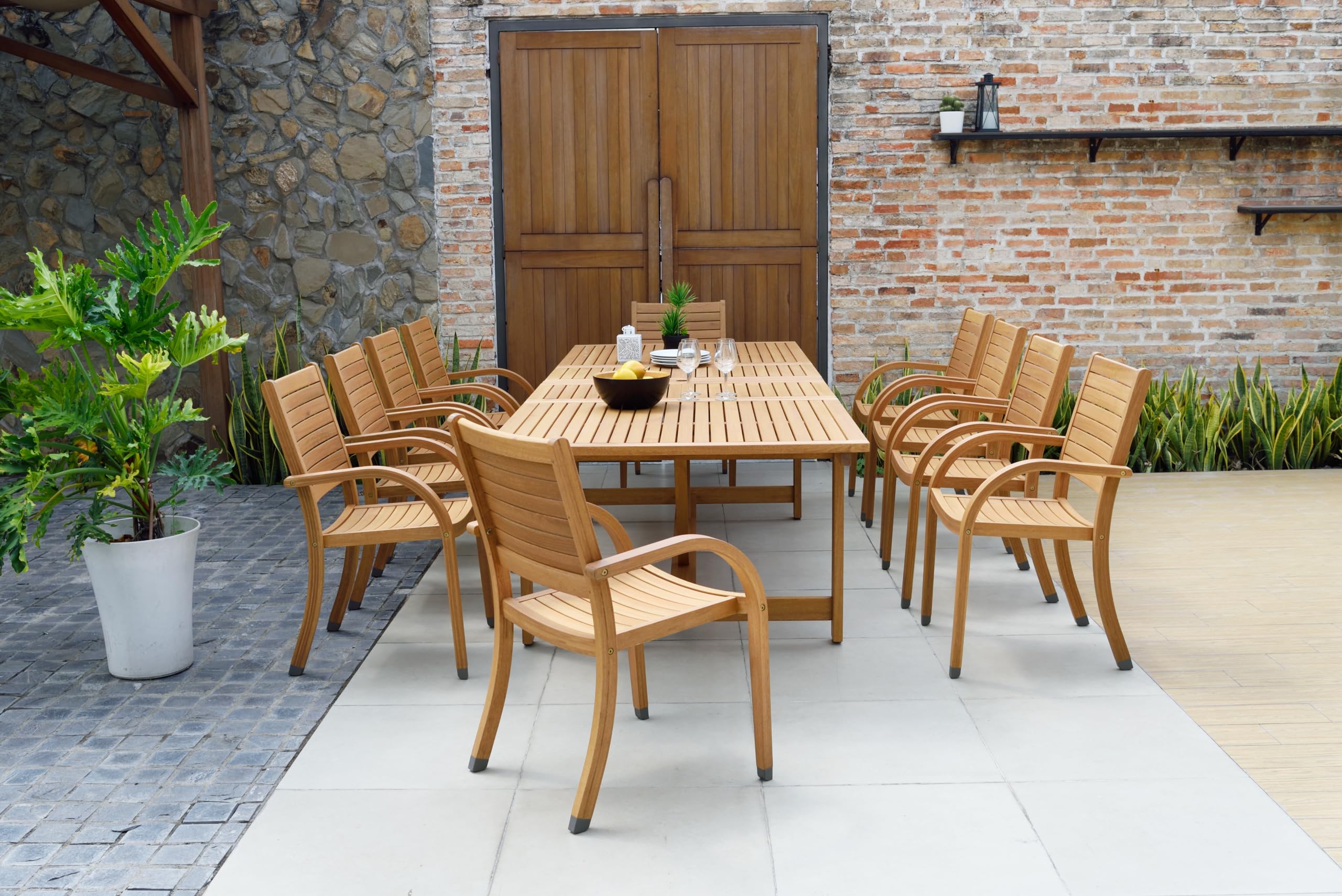 Amazonia Arizona Patio Stacking Chairs | Teak Finish | Durable and Ideal for Indoors and Outdoors (Set of 4), Light Brown