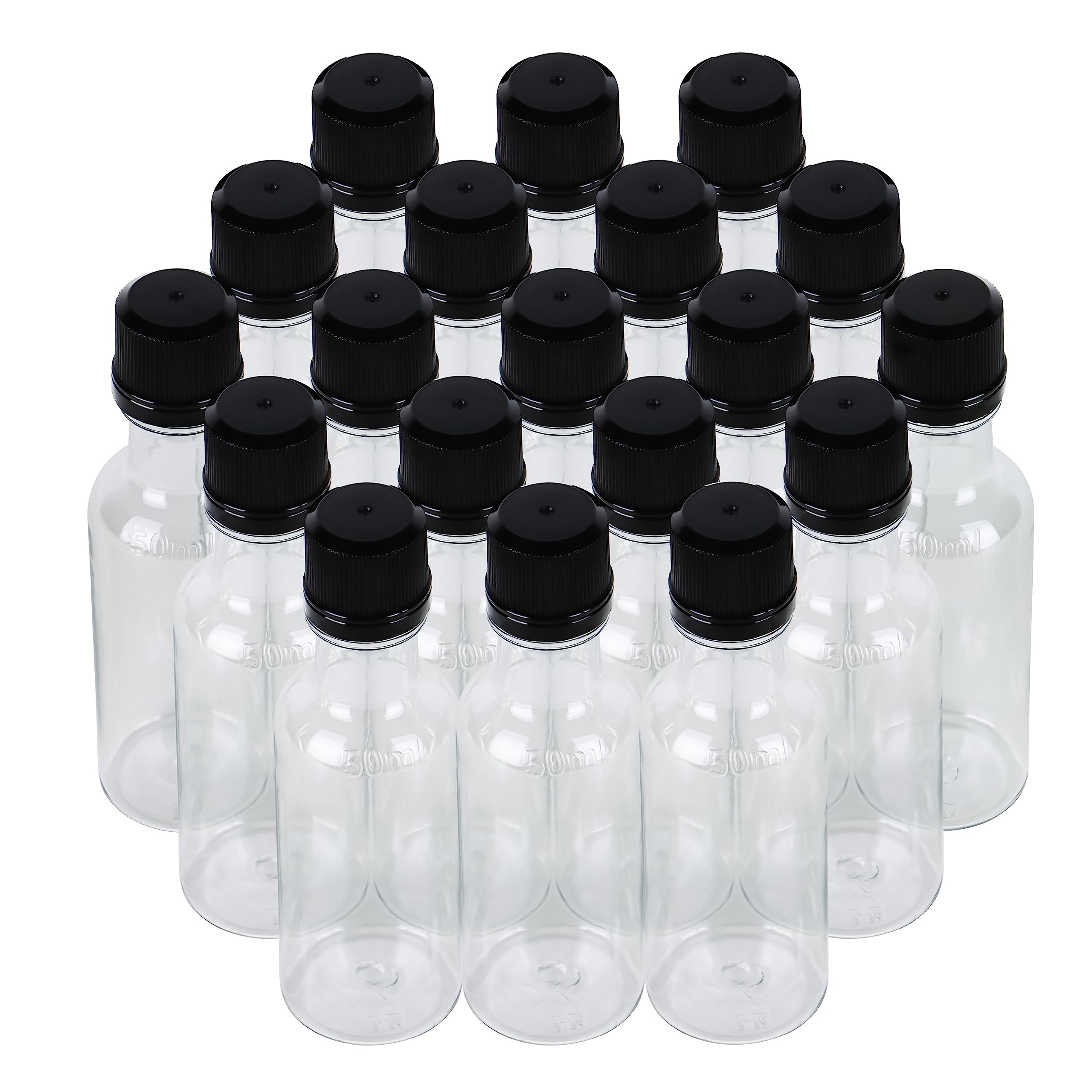 PELLAH GOODS 50 ml (1.7 oz) Clear Mini Liquor Bottle with Tamper Evident Cap, Pack of 14 Small Plastic Bottles and Lids (Black)