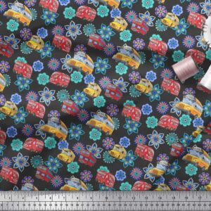 Soimoi Cotton Poplin Black Fabric - by The Yard - 42 Inch Wide - Artistic Floral & School Bus Transport Kids Fabric - Creative and Educational Patterns for Kids' Apparel Printed Fabric