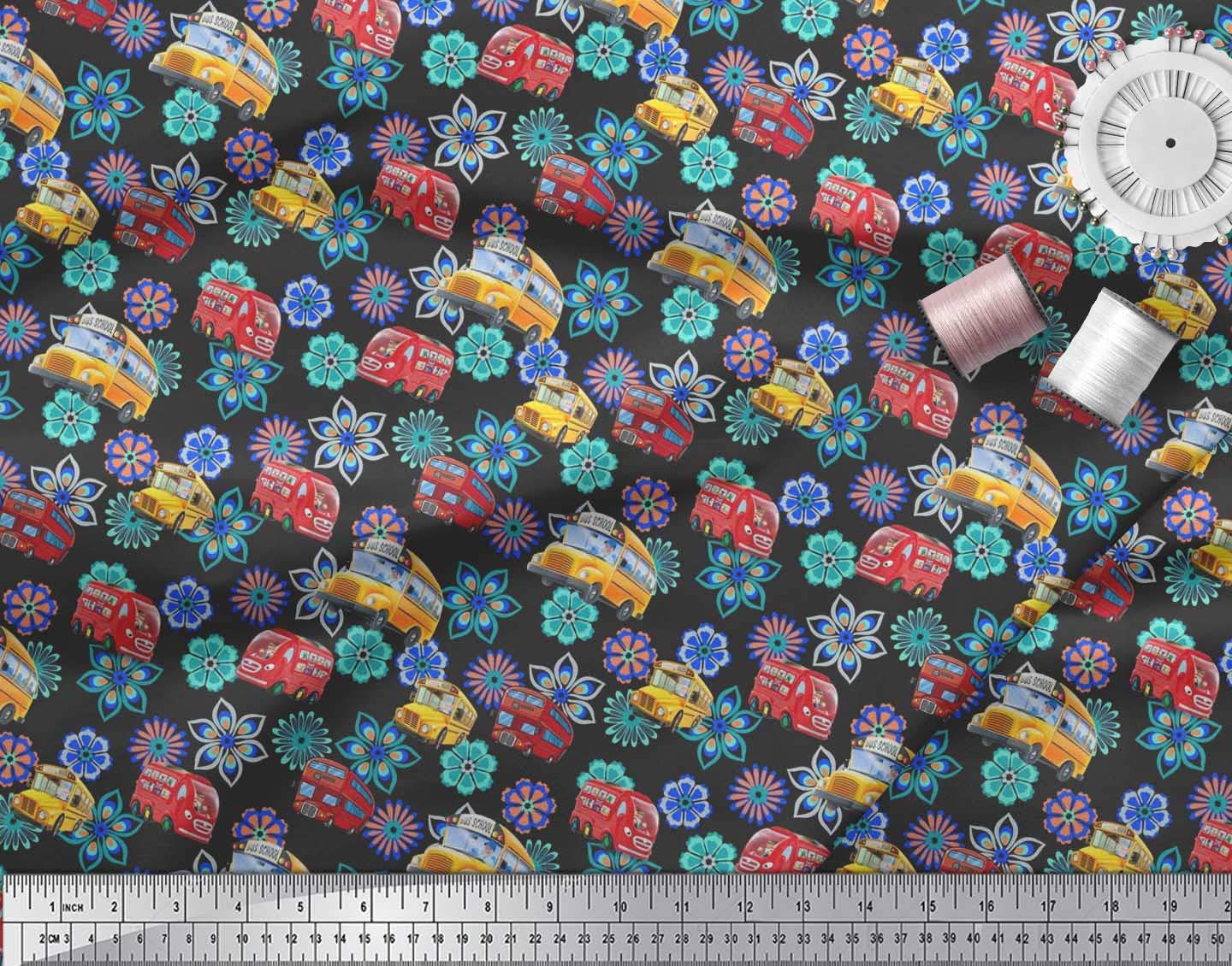 Soimoi Cotton Poplin Black Fabric - by The Yard - 42 Inch Wide - Artistic Floral & School Bus Transport Kids Fabric - Creative and Educational Patterns for Kids' Apparel Printed Fabric