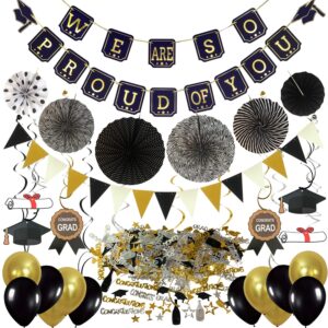 zerodeco graduation decorations, black and gold we are so proud of you banner paper pompom fan hanging swirls graduation confetti paper garland party balloons for grad party decoration supplies