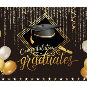 Funnytree 82" x 59" 2024 Class Graduation Photography Backdrop Black and Gold Bachelor Cap Balloon Grad Congrats Party Banner Background for Picture Photo Photobooth Decoration