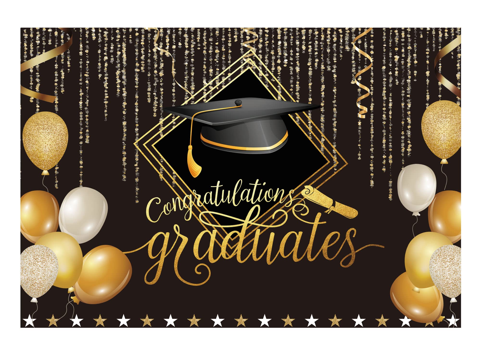 Funnytree 82" x 59" 2024 Class Graduation Photography Backdrop Black and Gold Bachelor Cap Balloon Grad Congrats Party Banner Background for Picture Photo Photobooth Decoration