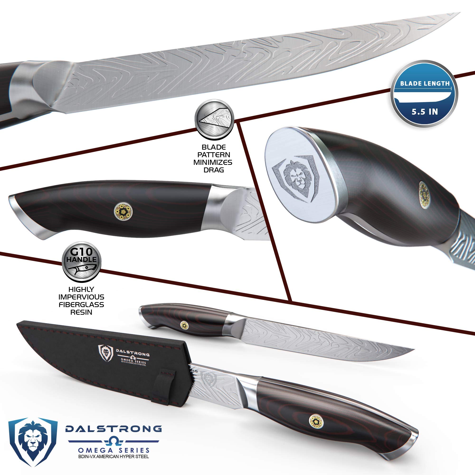 Dalstrong Steak Knife Set - 4 Piece - 5 inch Blade - Omega Series - BD1N-V Hyper Steel Kitchen Knife - G10 Woven Fiberglass Handle - Razor Sharp Knife - Leather Sheath Included