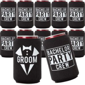 groom and bachelor party crew squad bachelor party can coolers, set of 12 white and black beer can coolies, perfect bachelor party decorations and as grooms men gifts