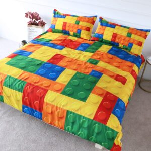 blessliving colorful toy bedding building blocks comforter cover kids bedding twin set for boys yellow orange green duvet cover 3 pieces fun brick bedspread set (twin)