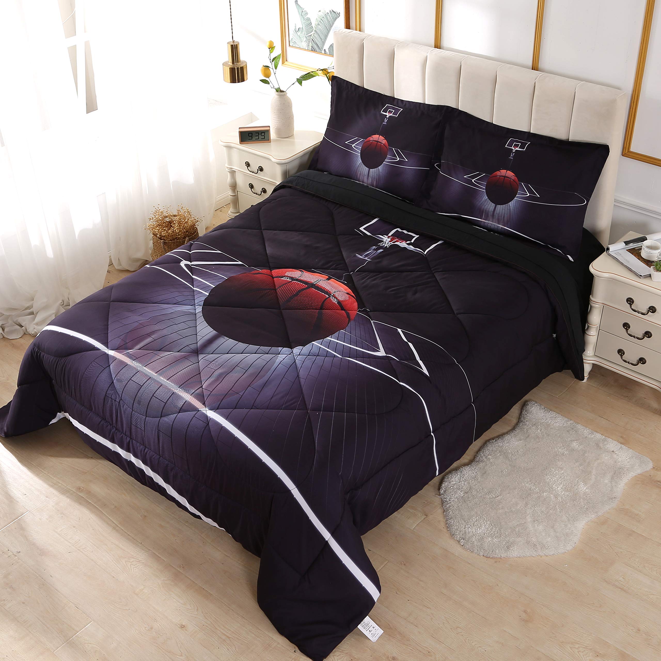 Wowelife Basketball Bedding Twin Comforter Set for Boys 5 Piece Bedding Set Twin Black Basketball Bed Set Twin Kids 3D Twin Bedding Set Sports Decor for Boys Bedroom with Sheets, Super Breathable Soft