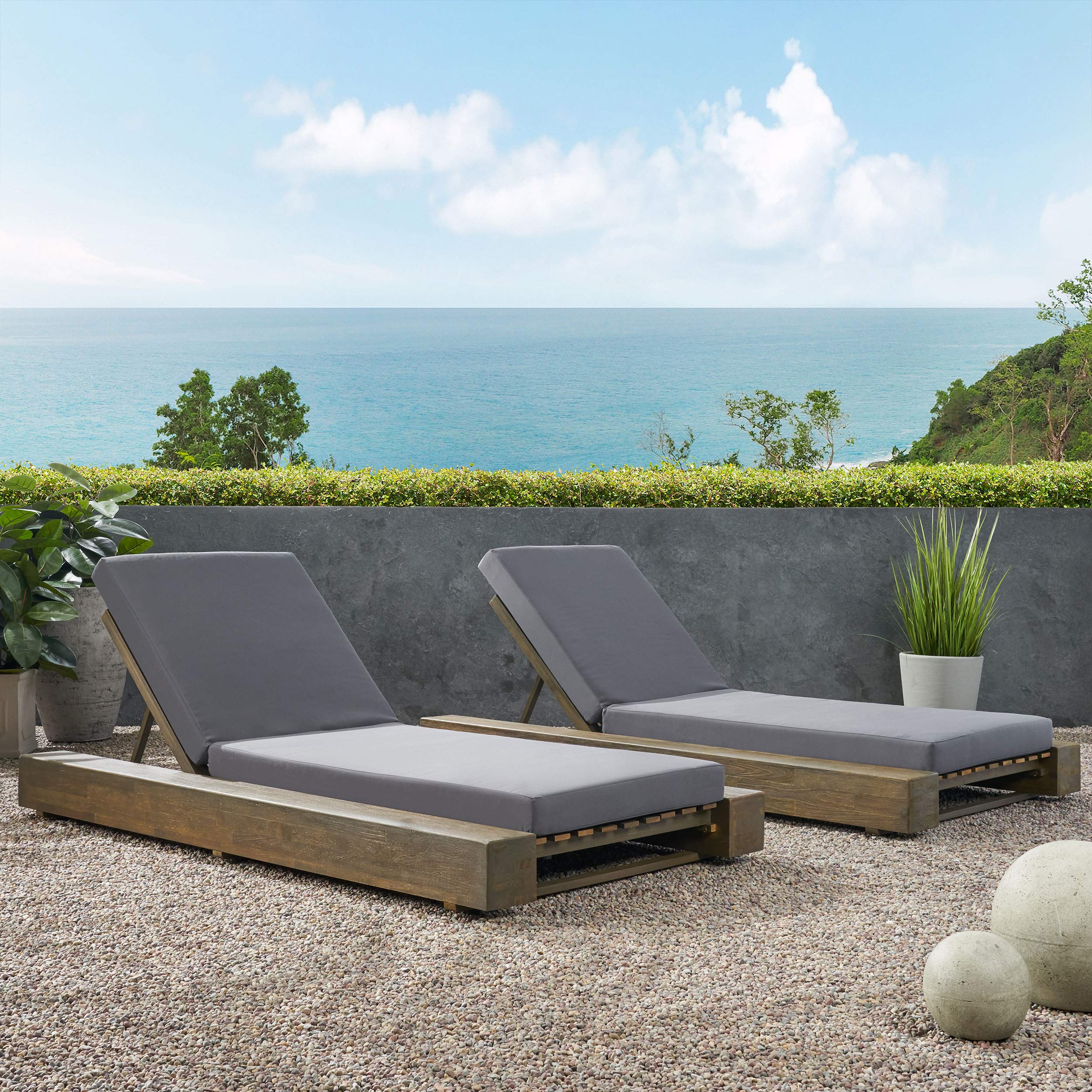 Great Deal Furniture Outdoor Acacia Wood Chaise Lounge and Cushion Sets (Set of 2), Gray and Dark Gray