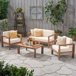 GDFStudio Outdoor 4 Seater Acacia Wood Chat Set, Brown Finish and Beige