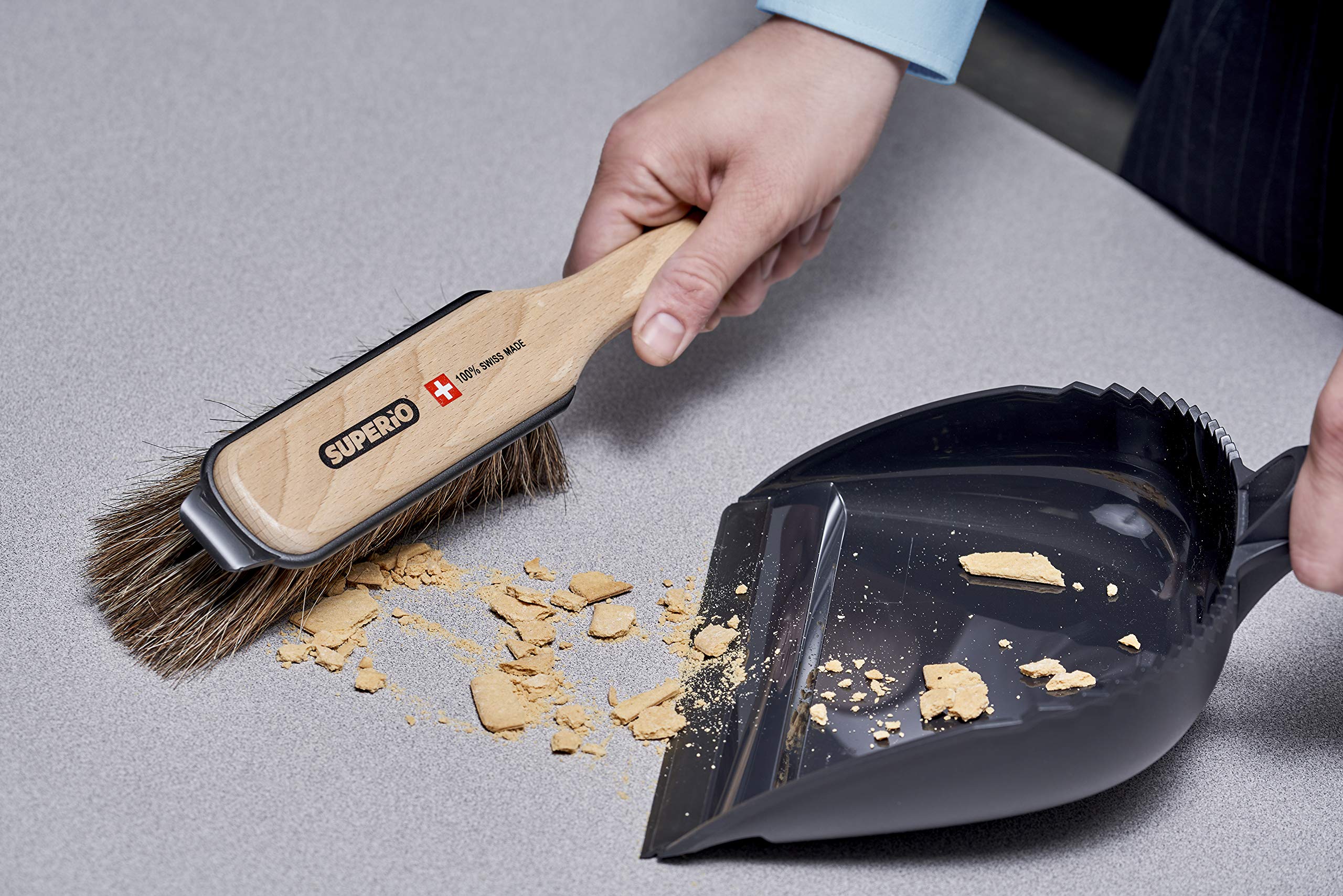 Superio Handheld Comfort Grip Dustpan and Brush Set - Hand Broom with Swiss Natural Horsehair Bristles.