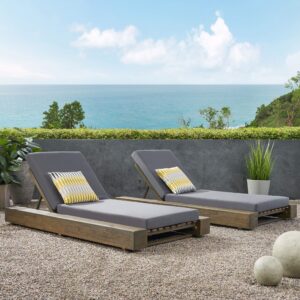 Great Deal Furniture Outdoor Acacia Wood Chaise Lounge and Cushion Sets (Set of 2), Gray and Dark Gray