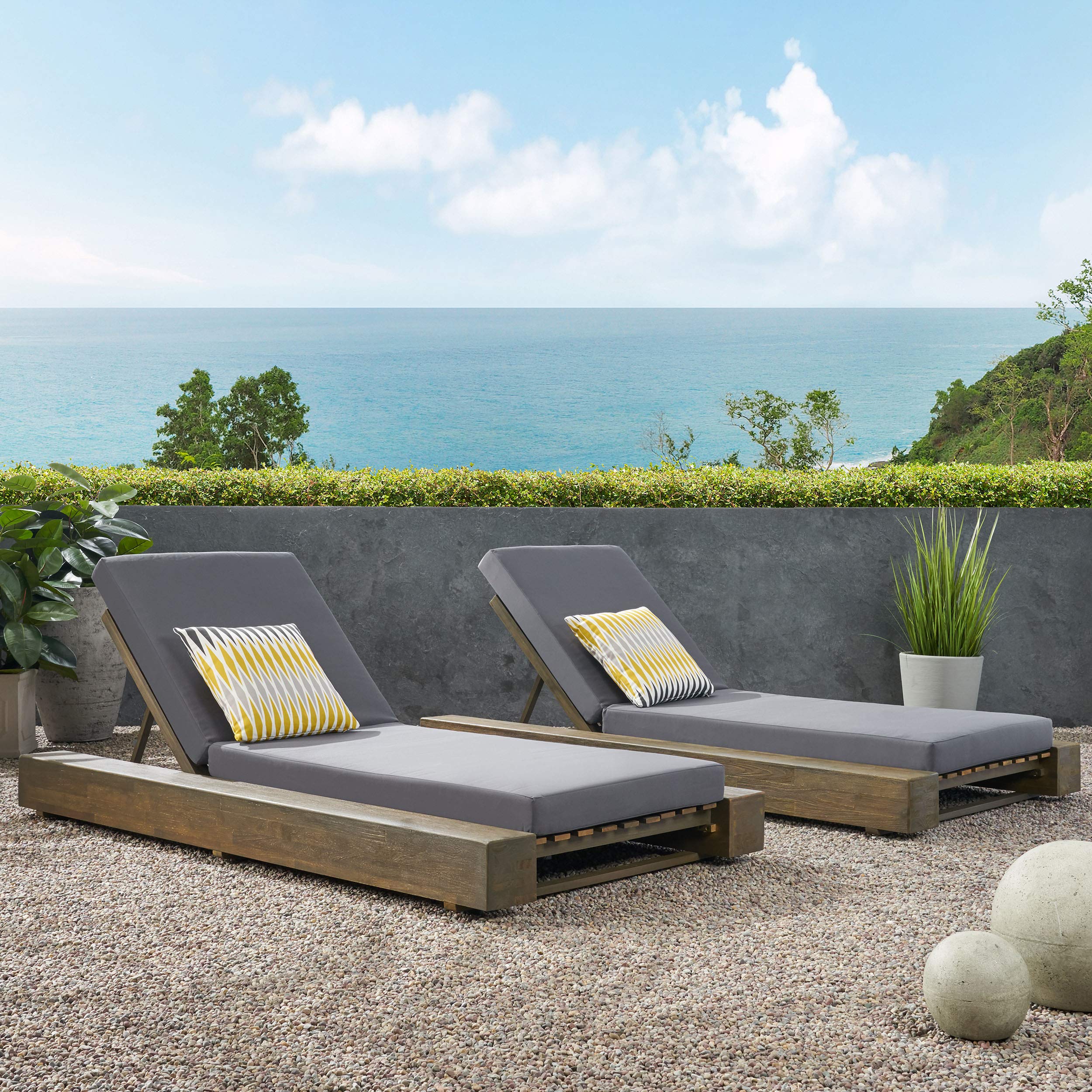 Great Deal Furniture Outdoor Acacia Wood Chaise Lounge and Cushion Sets (Set of 2), Gray and Dark Gray