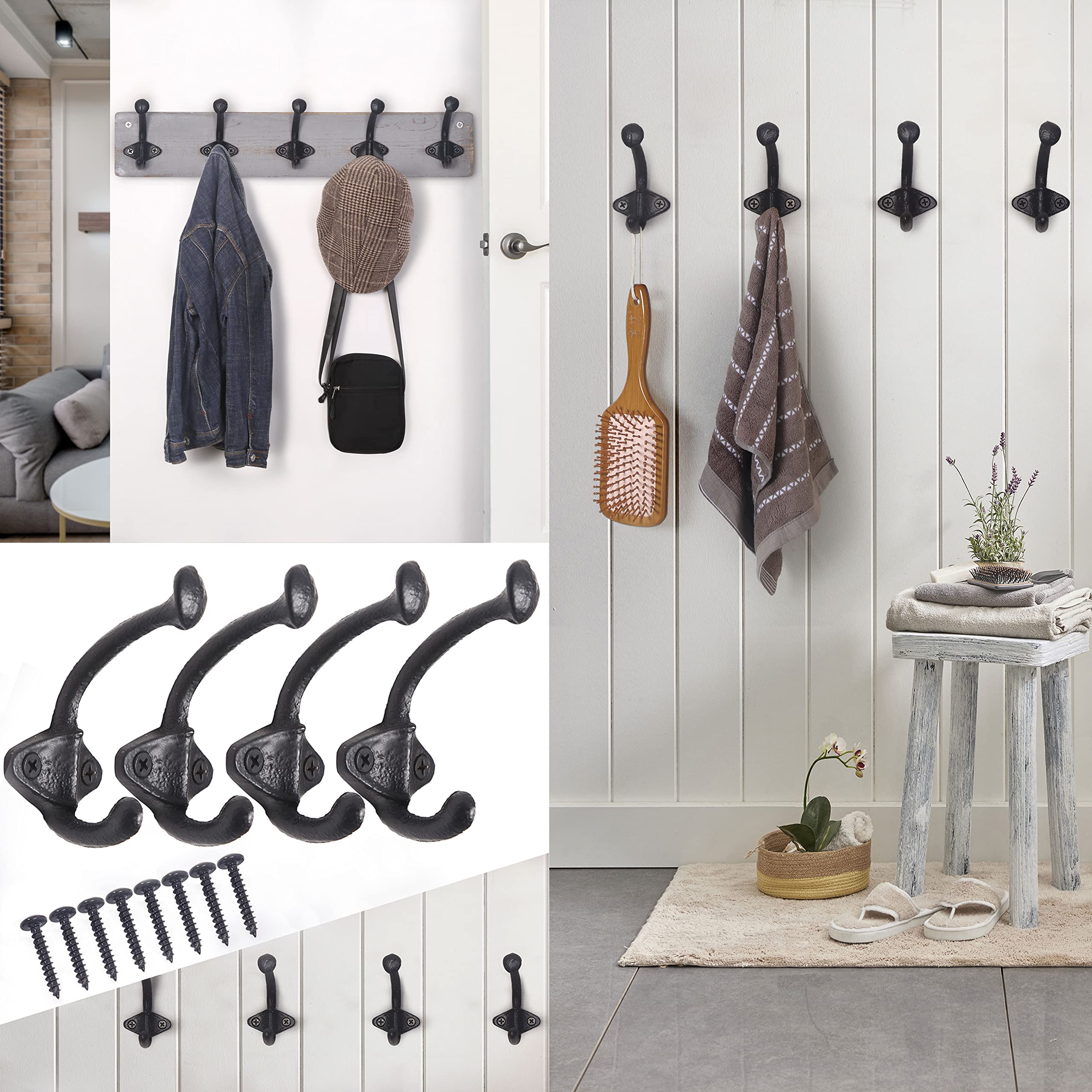 WEBI Rustic Coat Hooks Wall Mounted:5 Cast Iron Hooks,Heavy Duty Vintage Antique Wall Hooks for Hanging Coats,Jacket,Farmhouse,Mudroom,Closet,Black